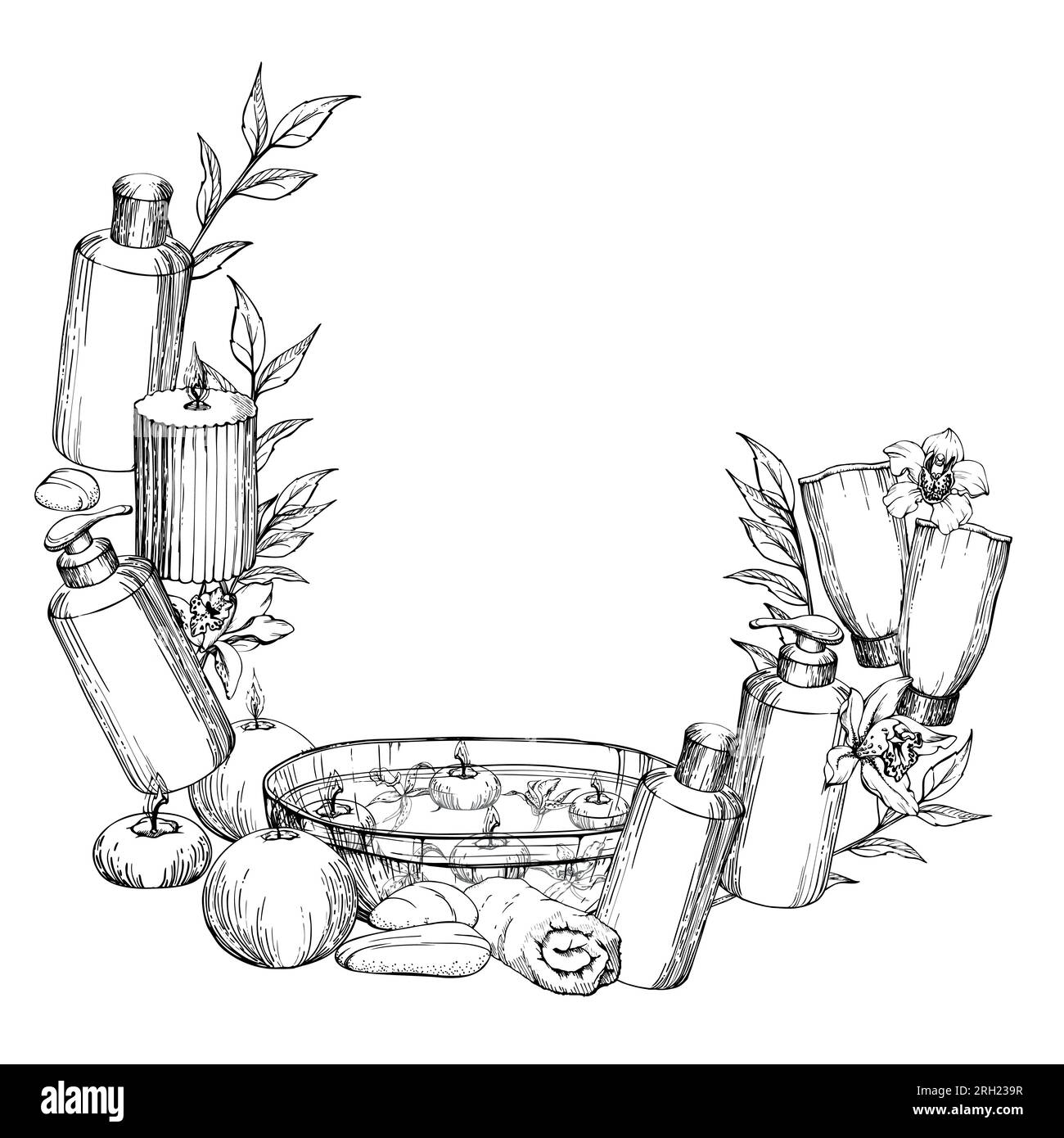 Hand drawn vector ink spa skincare bath beauty products package with ...