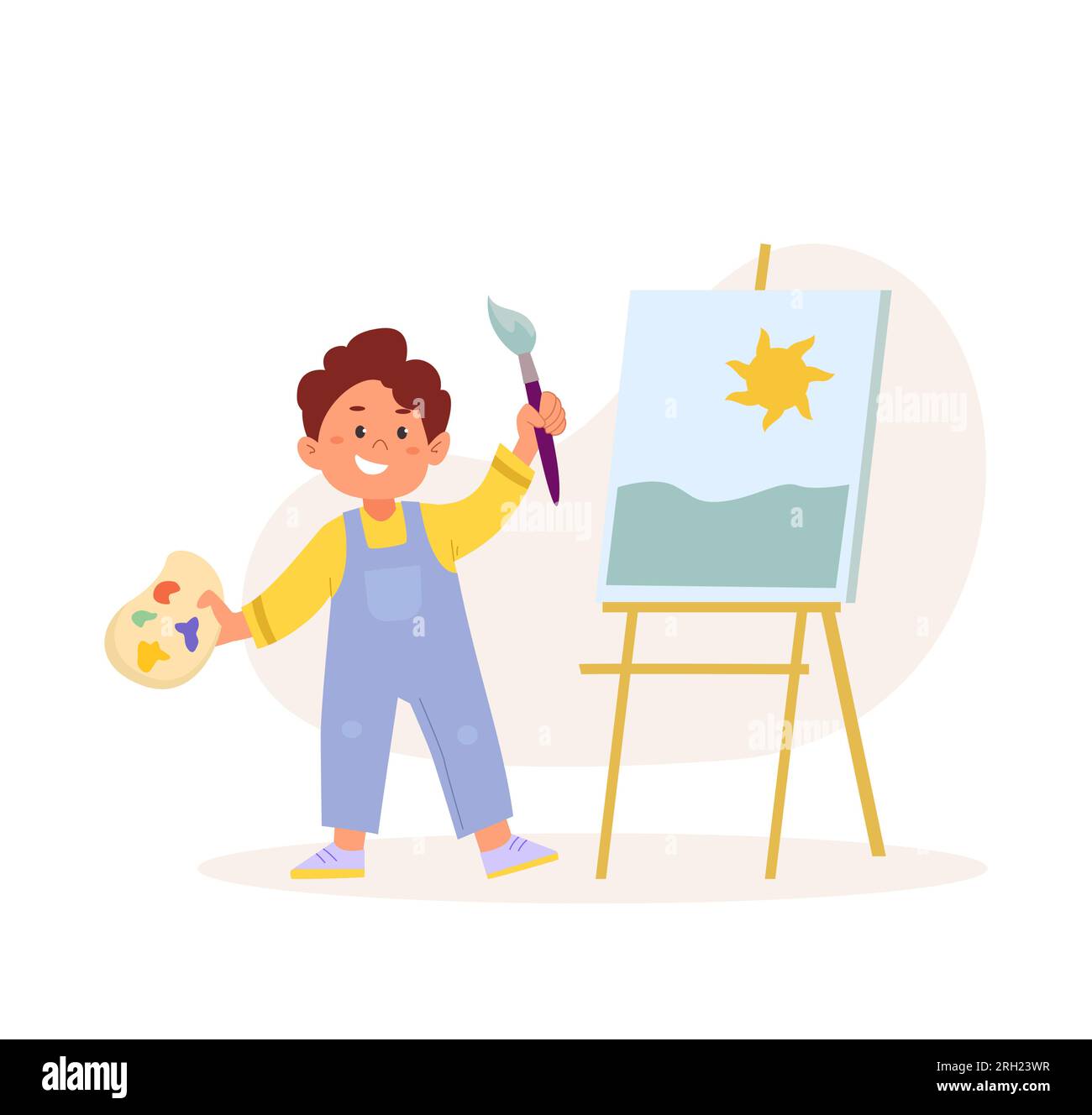 Young Artist boy is painting on canvas holding a brush and palette of ...