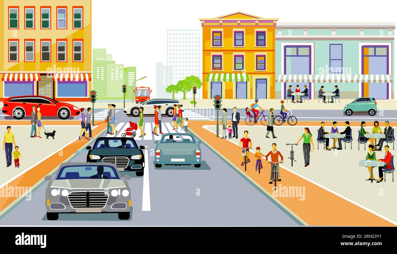 City overview of a city with traffic and pedestrians, illustration ...