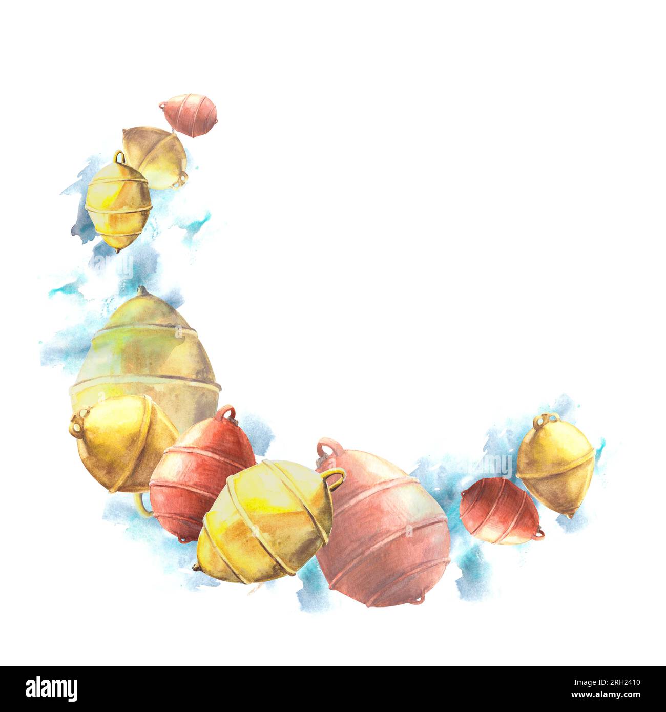 Watercolor marine wreath with red and yellow buoys in the emerald sea water. Hand drawn ...