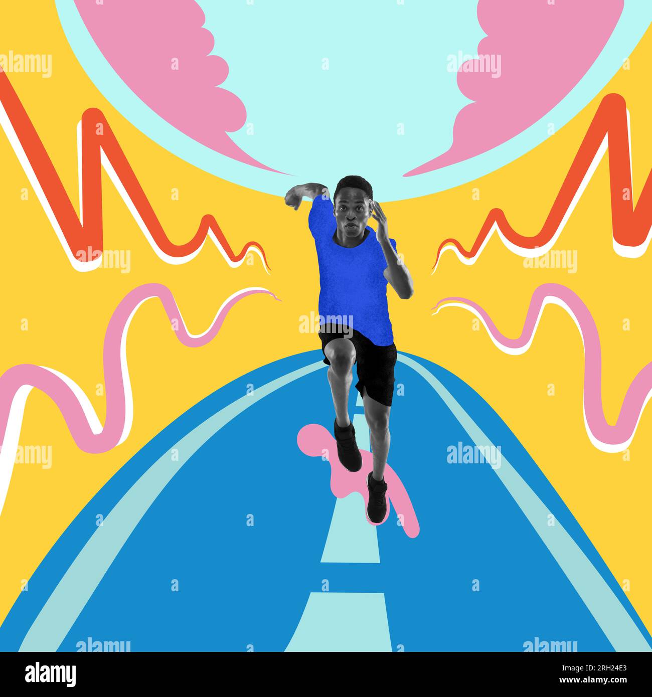 Contemporary art collage. Competitive young african man running at ...