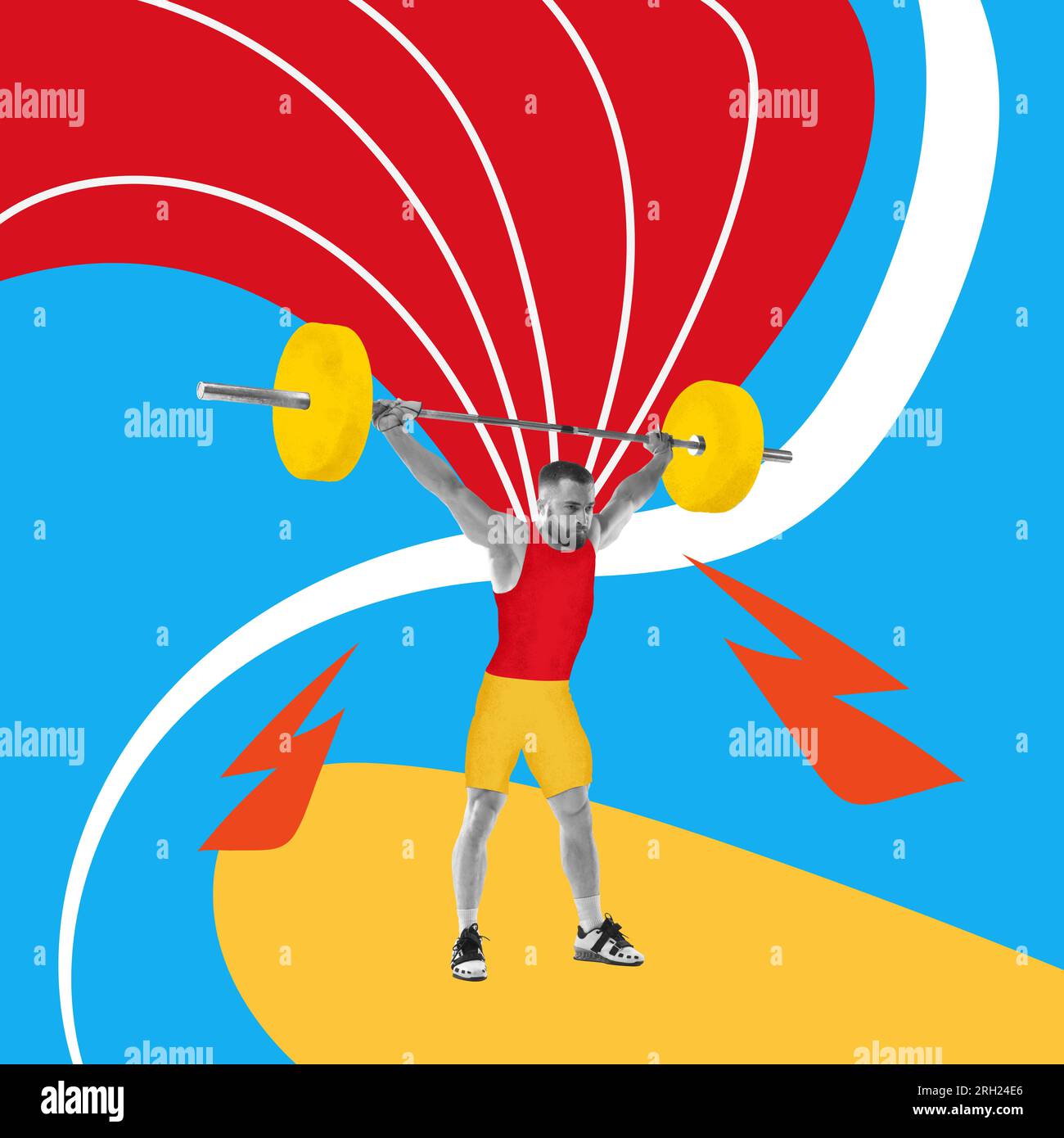 Contemporary art collage. Bodybuilder, athletic man training, lifting ...