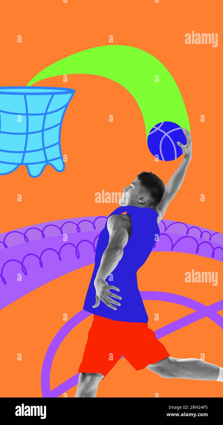 Contemporary art collage. Composition with asian male basketball player ...
