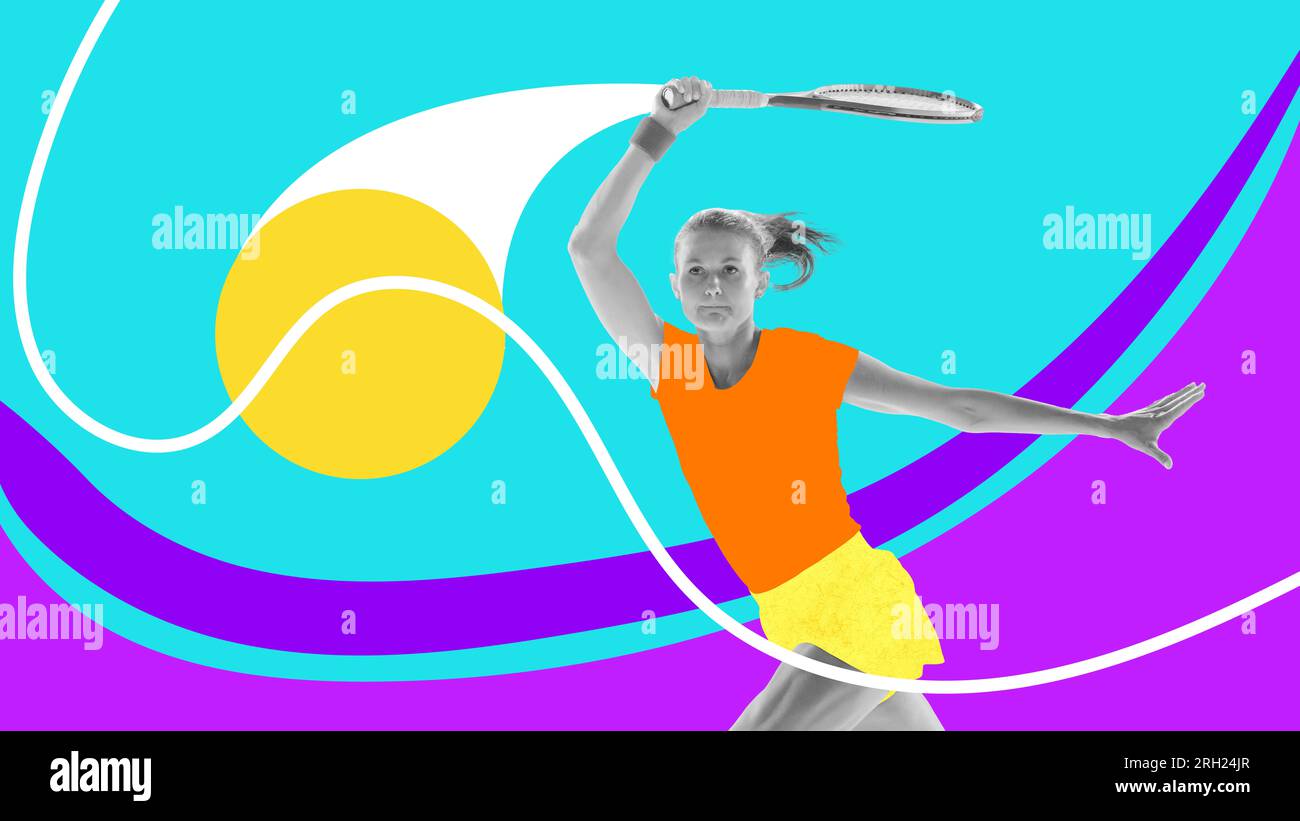 Contemporary artwork. Young woman in drawing uniform, actively hitting ...