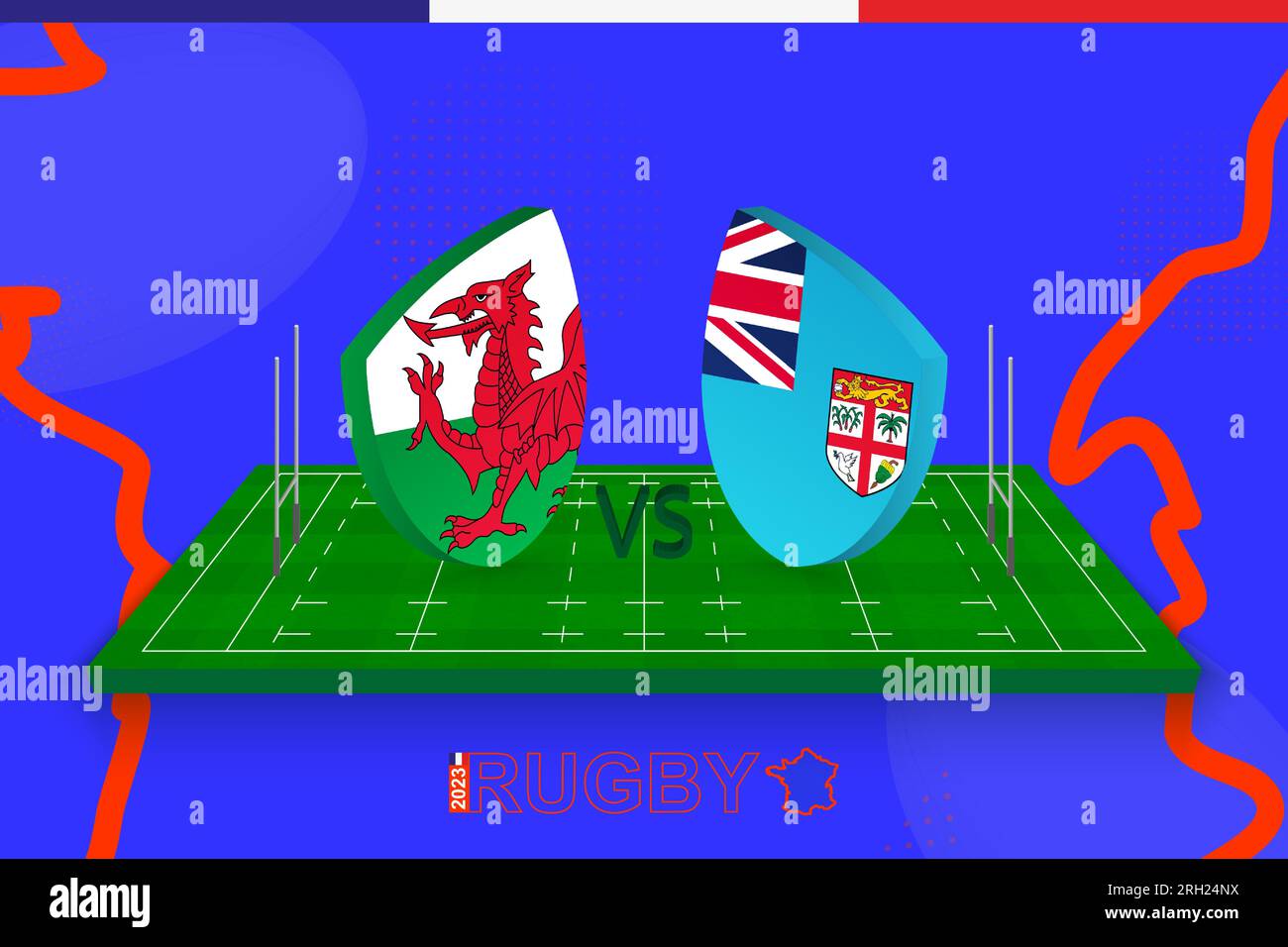 Rugby team Wales vs Fiji on rugby field. Rugby stadium on abstract ...