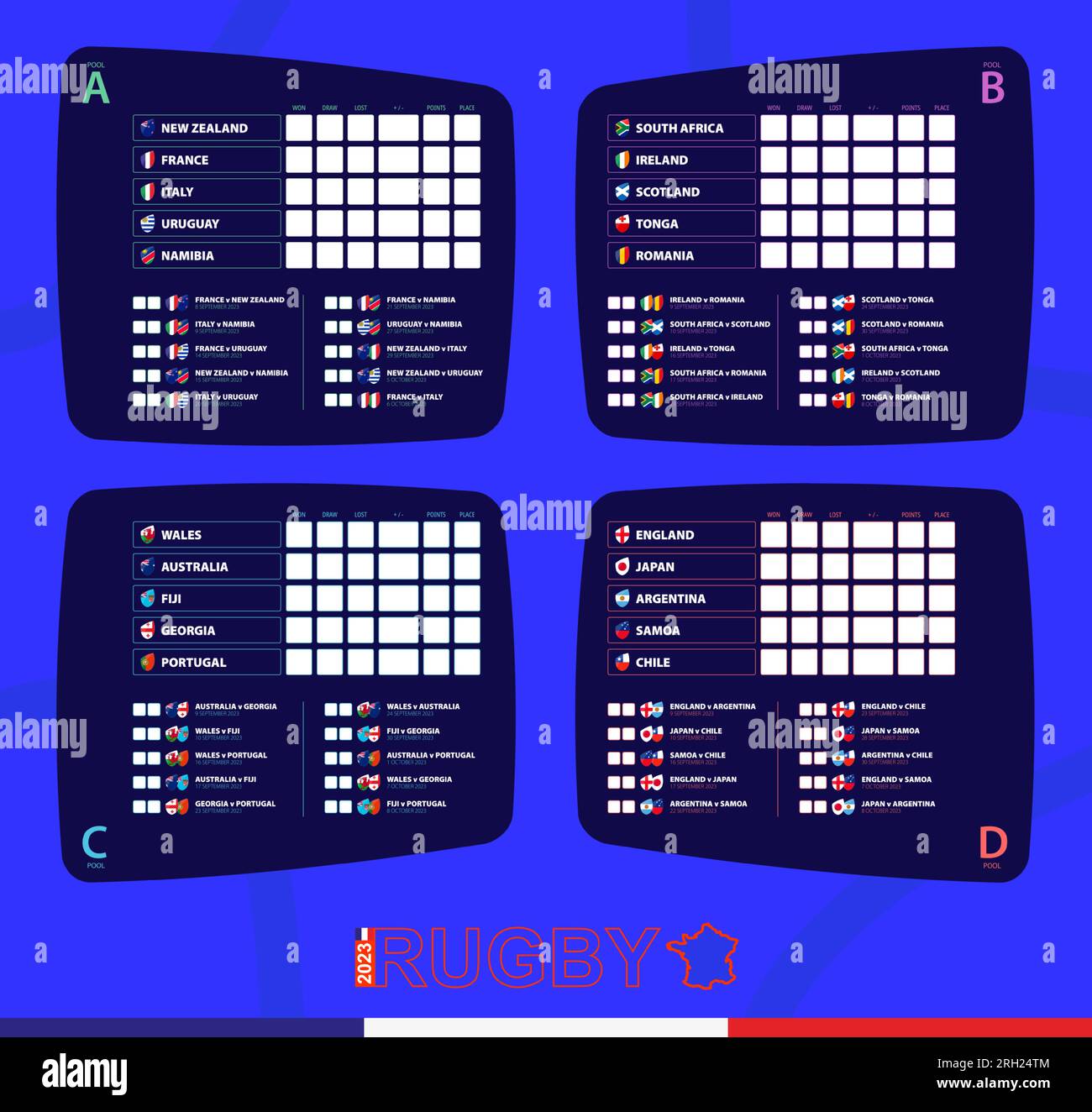 Groups participants flags and games icon of rugby competition 2023 ...