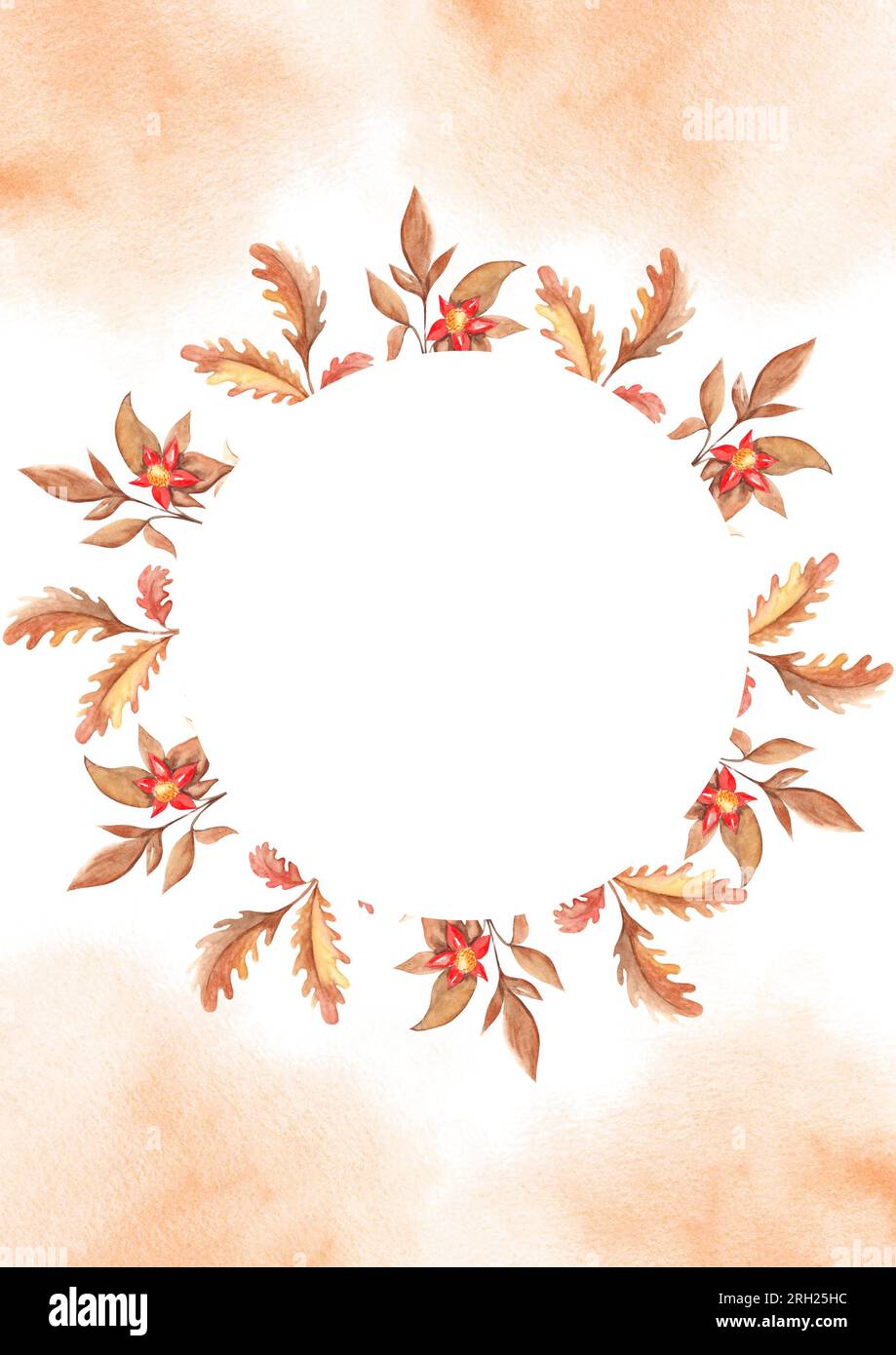 Floral autumn card template with oak leaves and branch with red flowers ...
