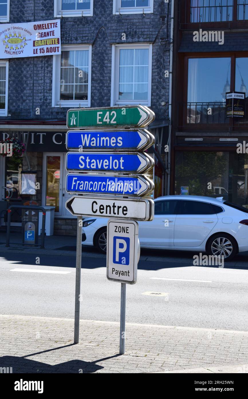 road sign in Belgium with the way to Francorchamps and other palces ...
