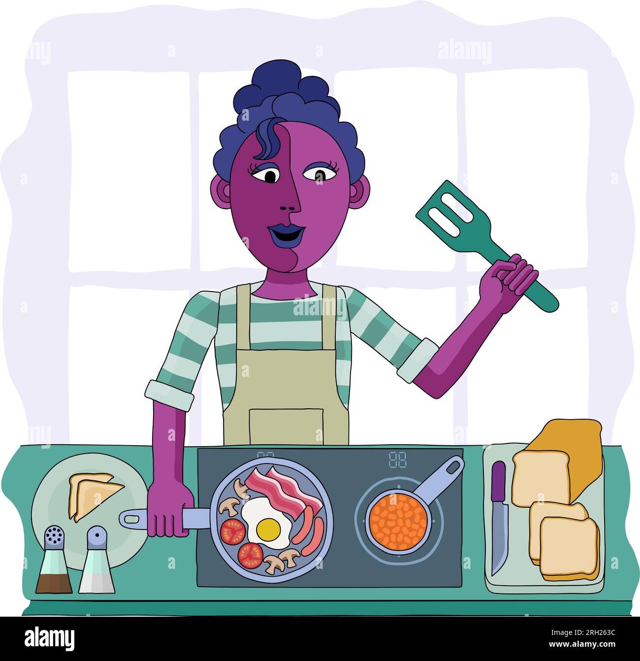 Woman Cooking Food Fried English Breakfast Kitchen Stock Vector Image ...