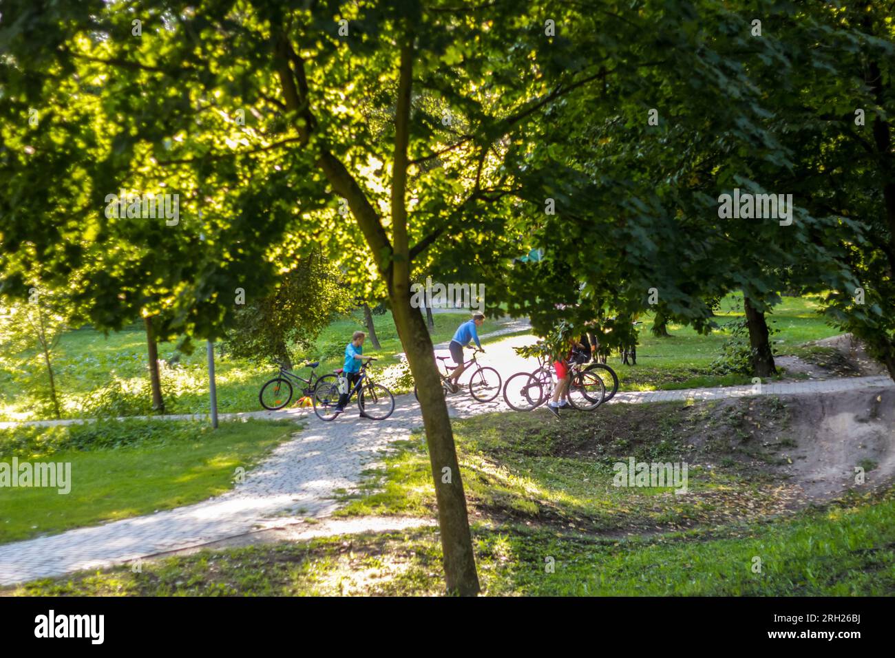 Closeup Kid boy with bicycle on a pump track park in sunset light ...
