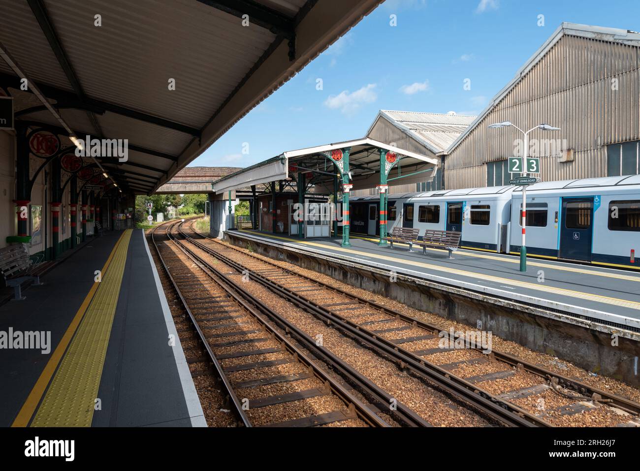 Ryde St Johns train station on the Isle of Wight. Empty platforms and ...