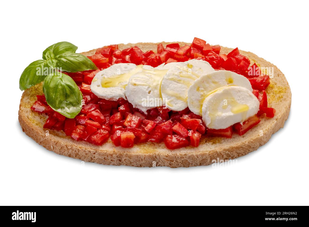 Caprese salad on slice of bread, chopped tomatoes and mozzarella with ...