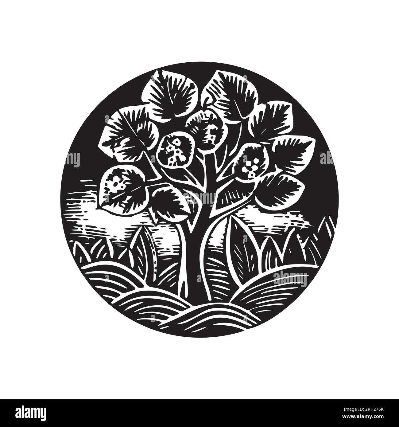 Nordic linocut floral in rustic circle motif for quirky print. Hand ...