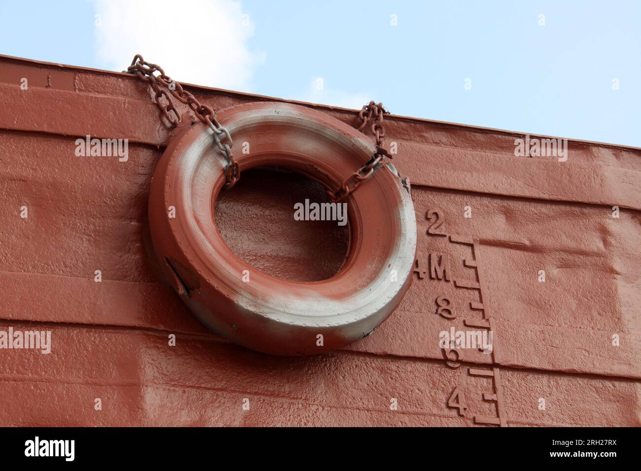closeup of pictures, waterline and rubber tire marked on the ship Stock ...