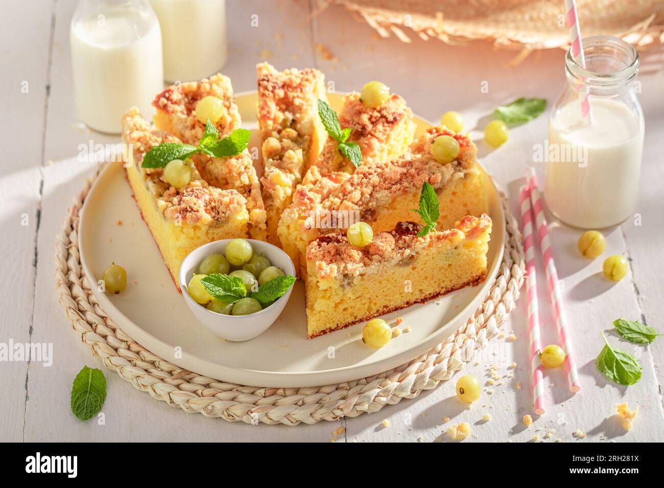 Fresh gooseberry butter cake as traditional dessert. Gooseberry yeast ...
