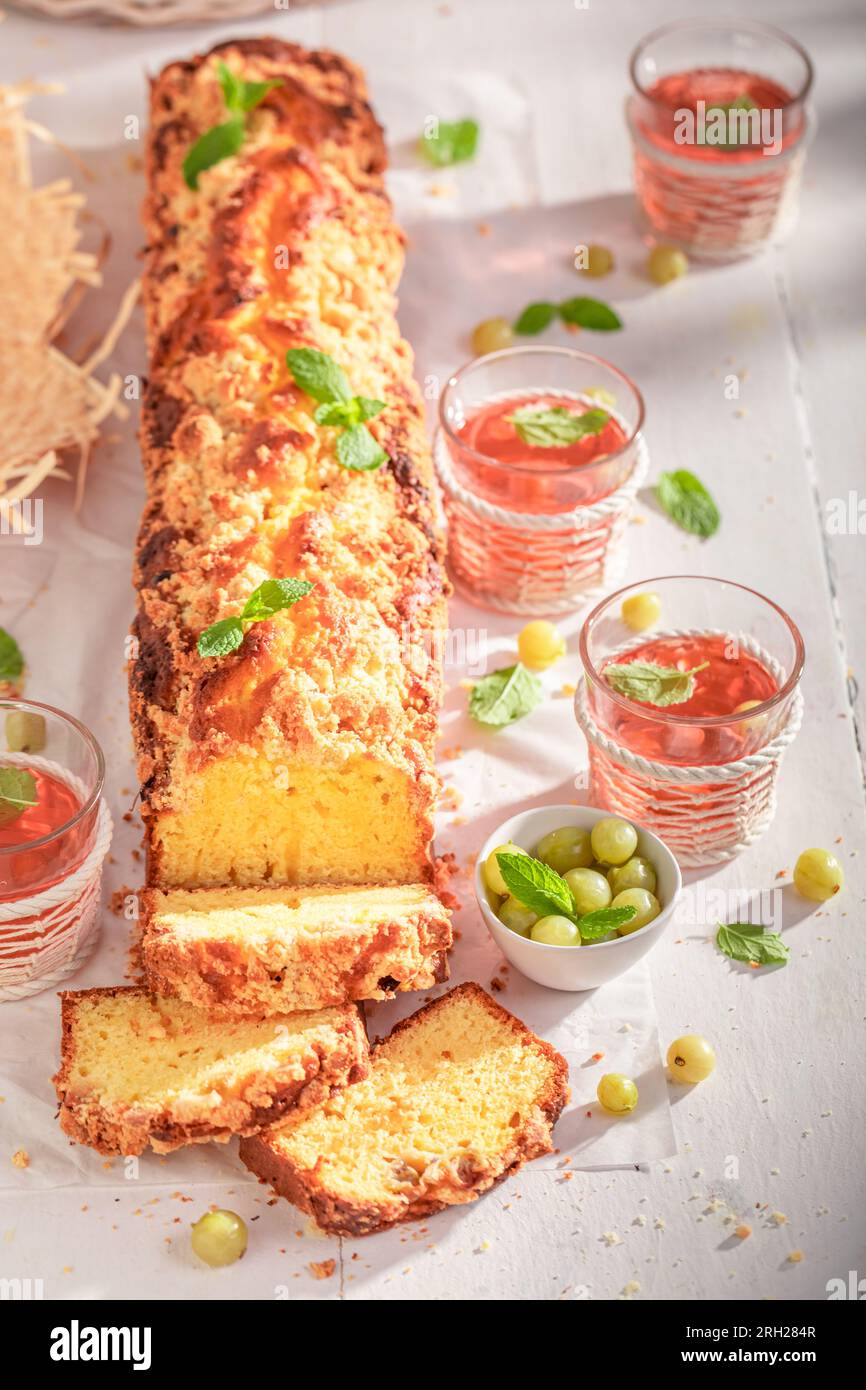 Sweet gooseberry yeast cake freshly baked in kitchen. Gooseberry yeast ...