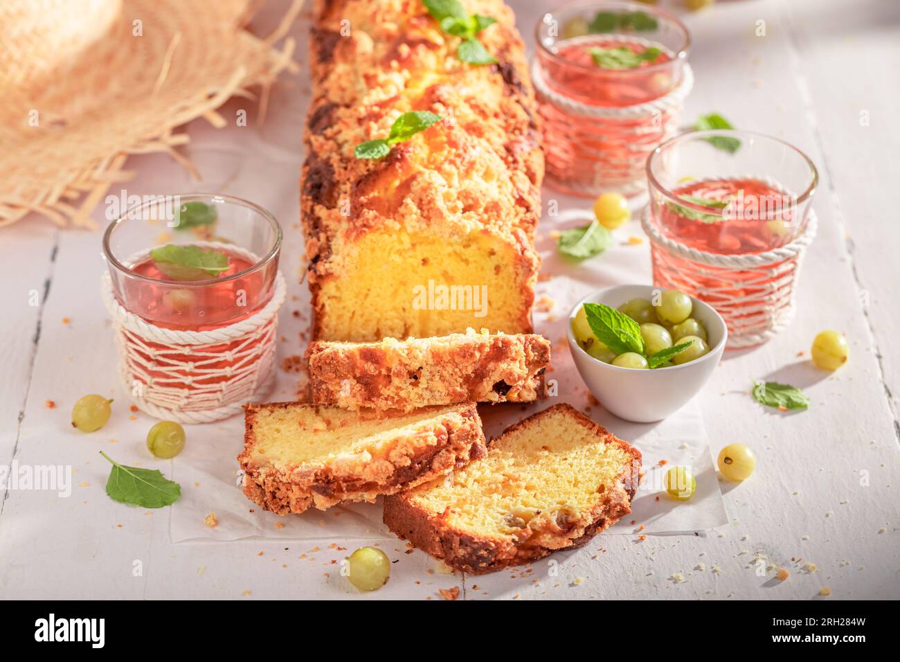 Homemade gooseberry yeast cake freshly baked in kitchen. Gooseberry ...