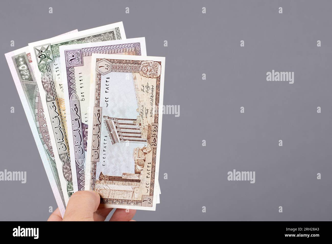 Old Lebanese money - pound in the hand on a gray background Stock Photo ...