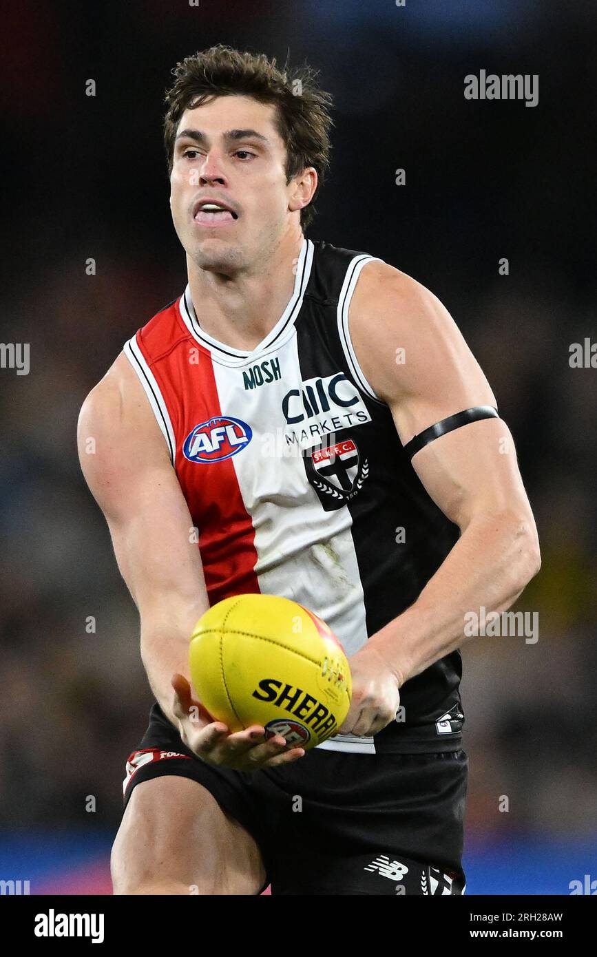 Melbourne, Australia. 13th Aug, 2023. Jack Steele of St Kilda handballs the footy during the AFL ...