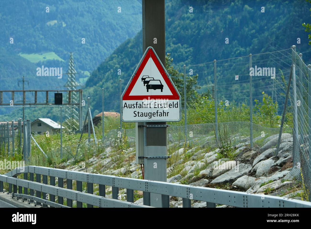 Sign in Switzerland on highway saying " Ausfahrt Erstfeld Staugefahr ...