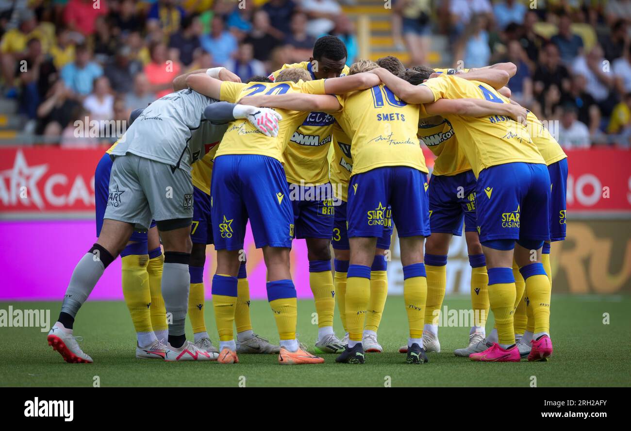 Sint Truiden, Belgium. 13th Aug, 2023. STVV's players pictured at the start of a soccer match ...