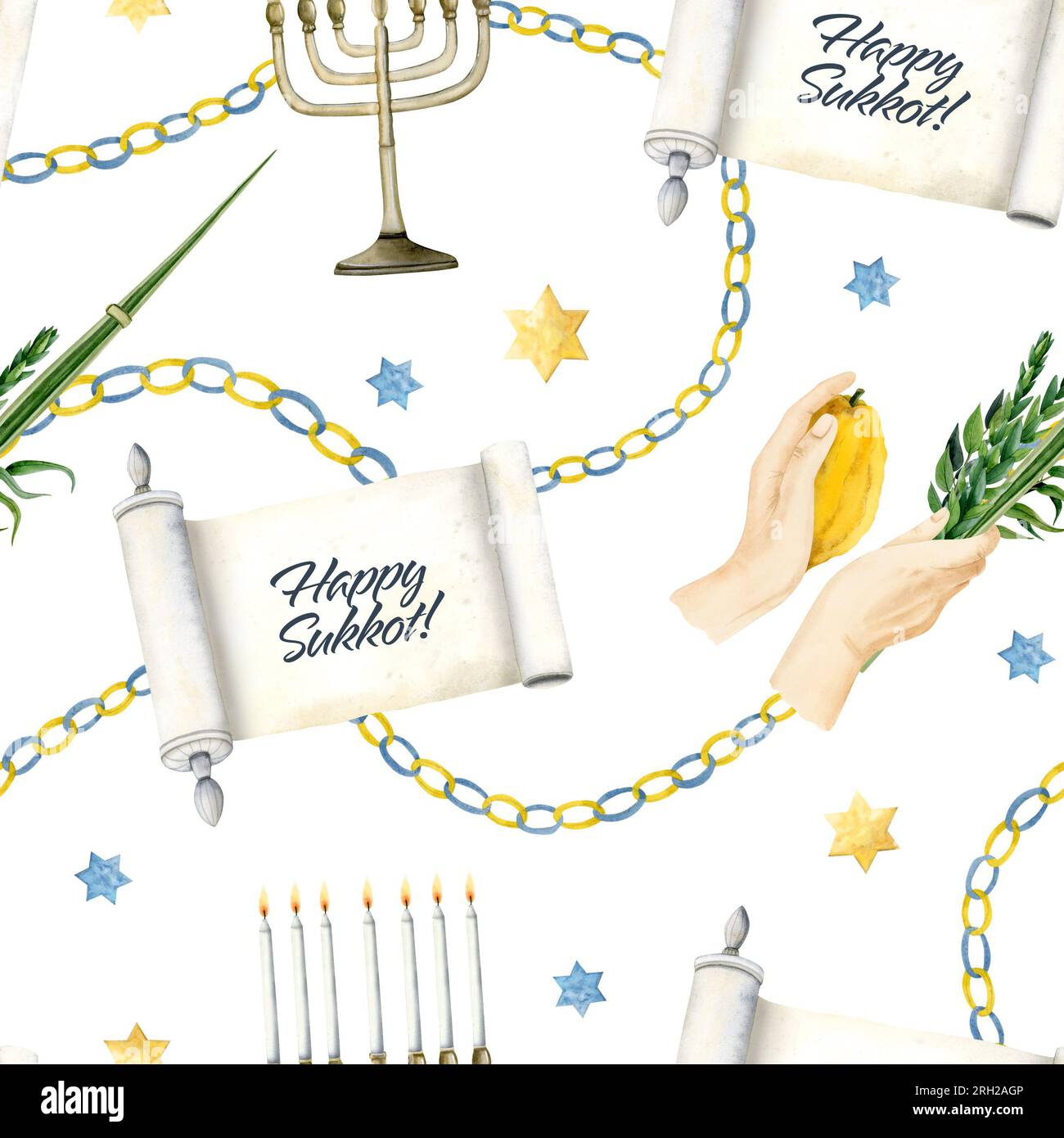 Happy Sukkot watercolor seamless pattern with waving the Lulav, Etrog ...