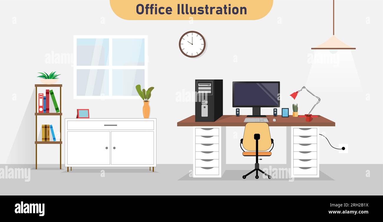 Indoor home office interior. Office workstation furniture interior ...