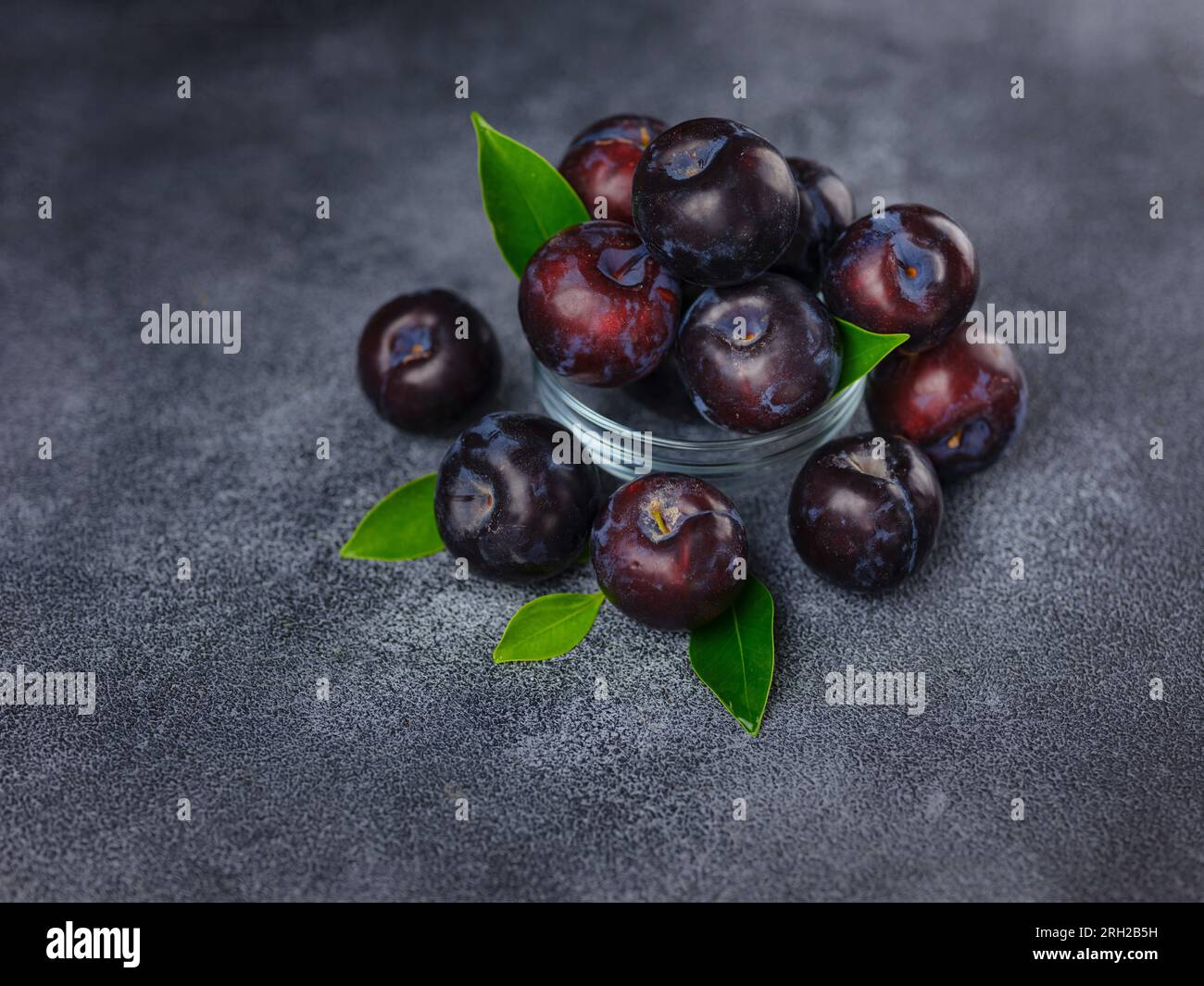 Sweet plums on dark background. Fresh blue plums with leaves. Food ...