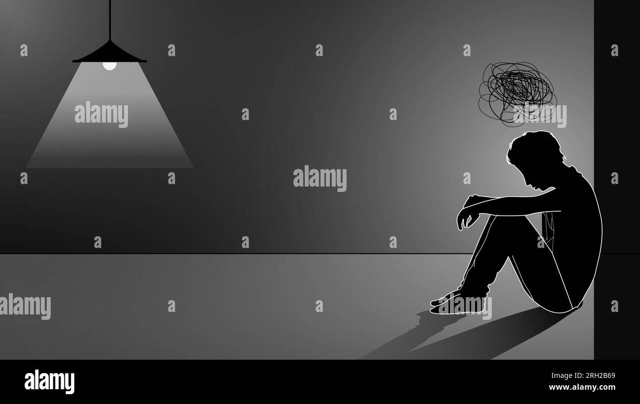 Unhappy Silhouette of very sad young man sitting alone, Depressed young ...