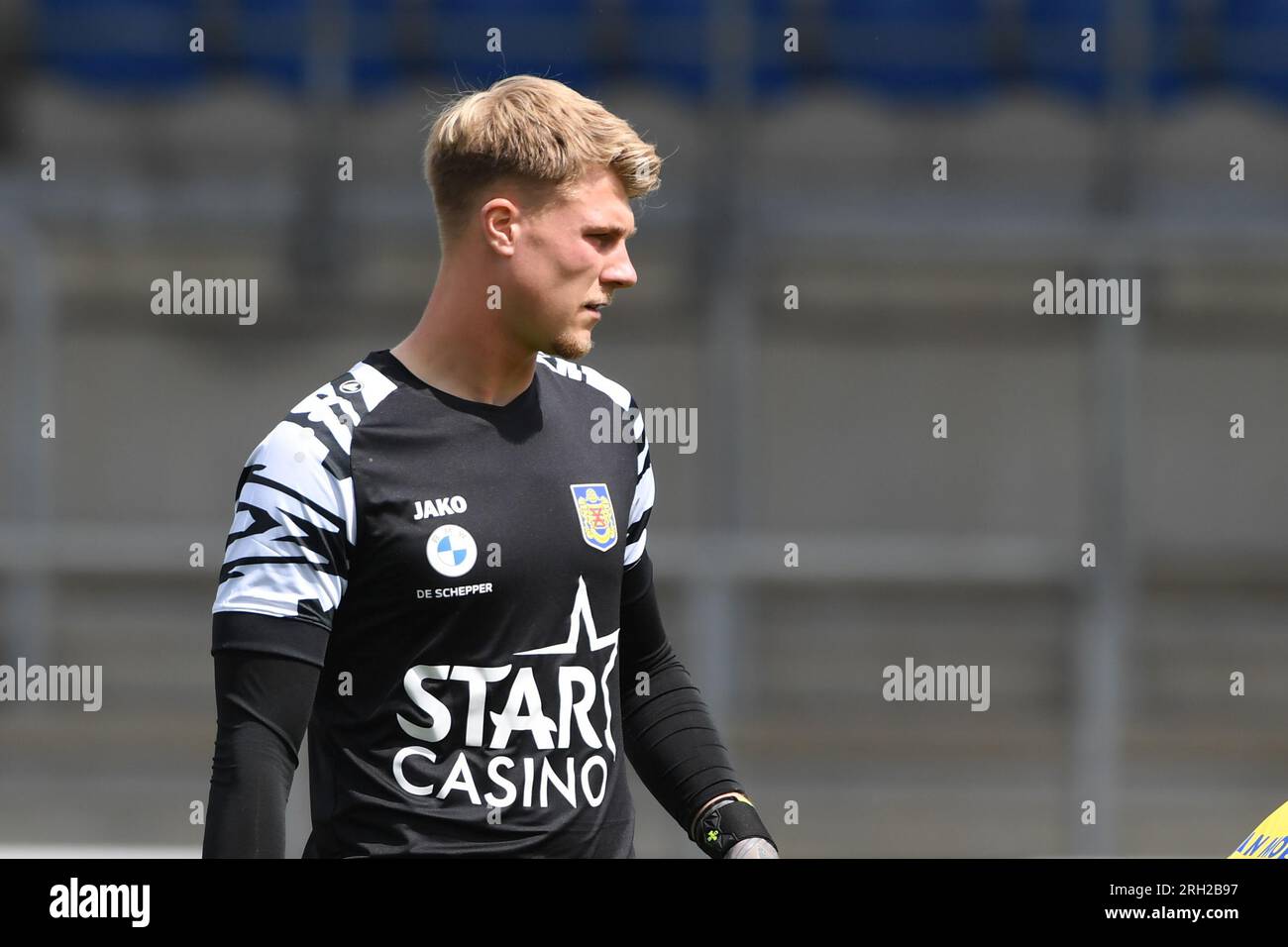 Genk, Belgium. 13th Aug, 2023. Beveren's goalkeeper Beau Reus pictured ...