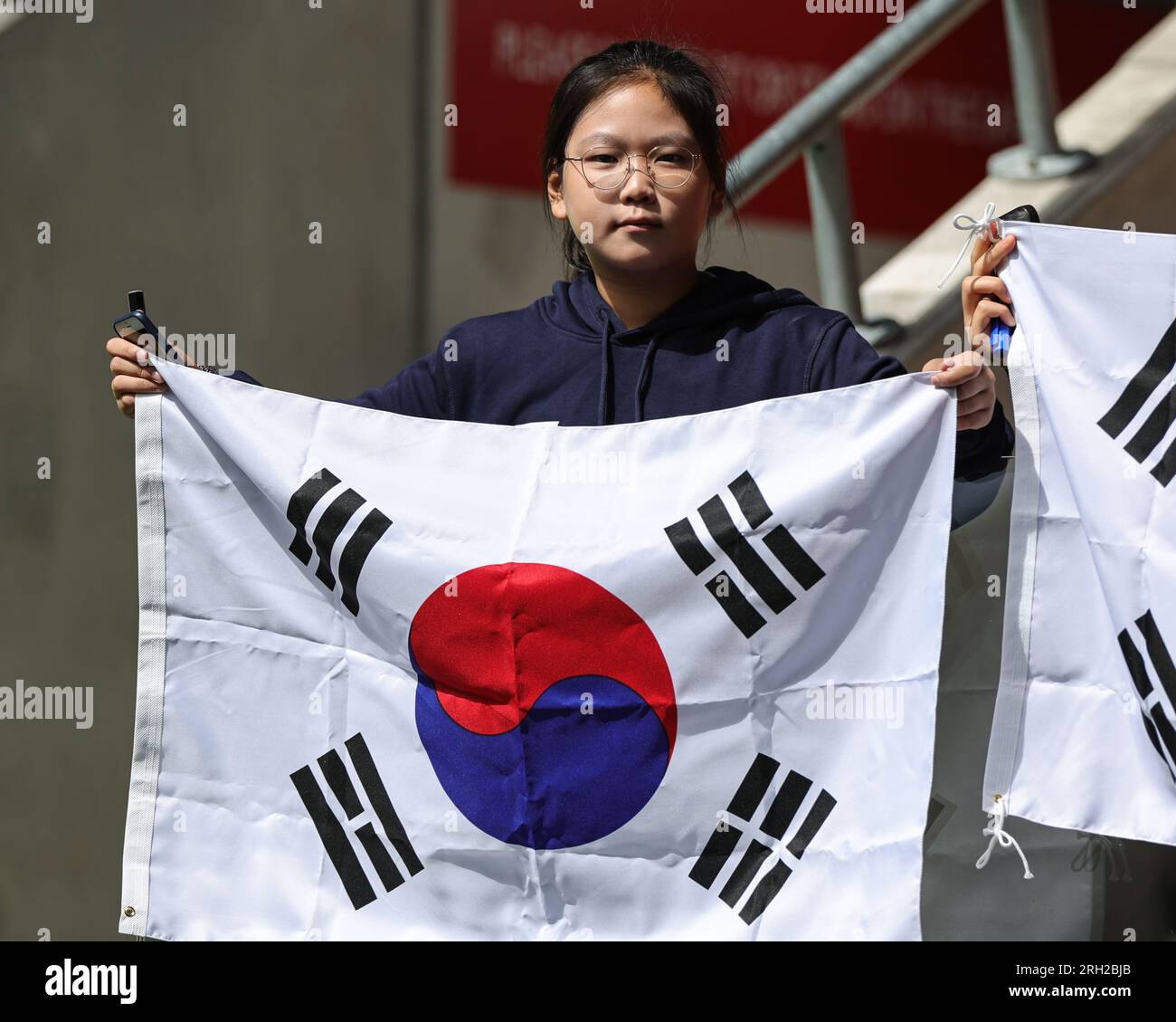 London, UK. 13th Aug, 2023. Tottenham fans hold South Korean flags up ...