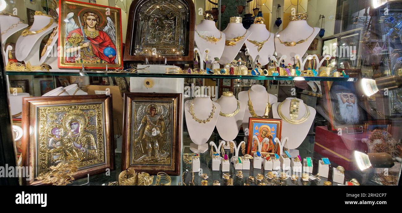 Religious items in a tourist shops, Tinos, Tinos island, Greece ...