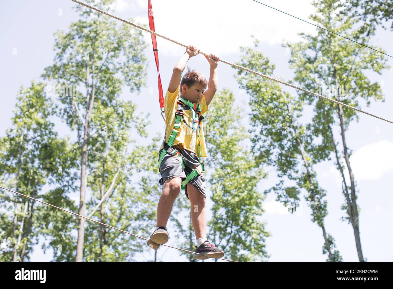 School boy preparing for zipline adventure. Summer fun with climbing in ...