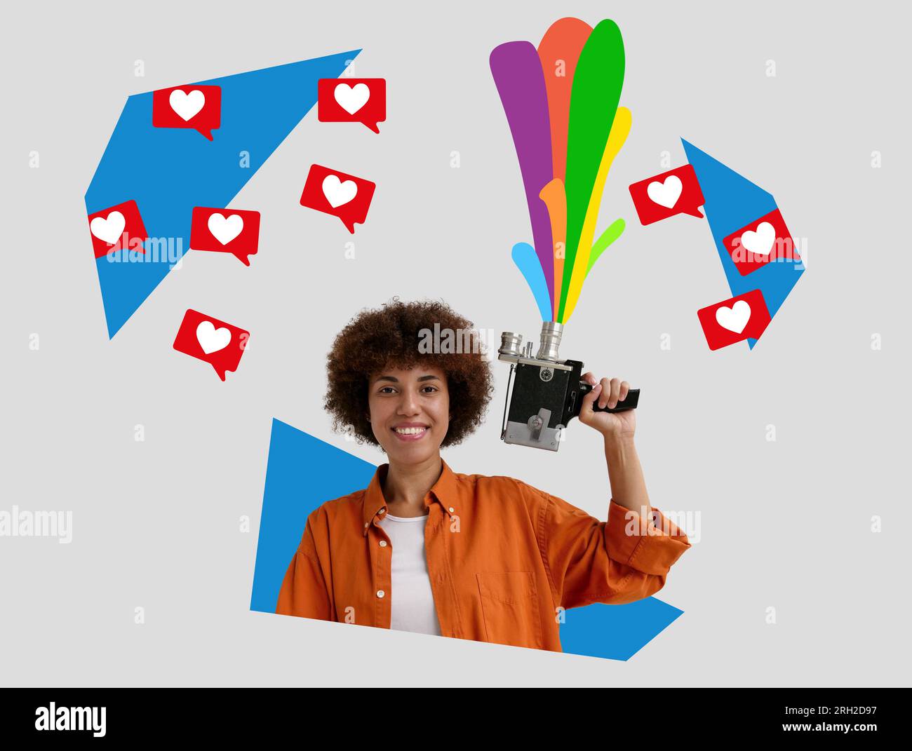 Collage with young woman and a video camera as a symbol of vlogging and ...