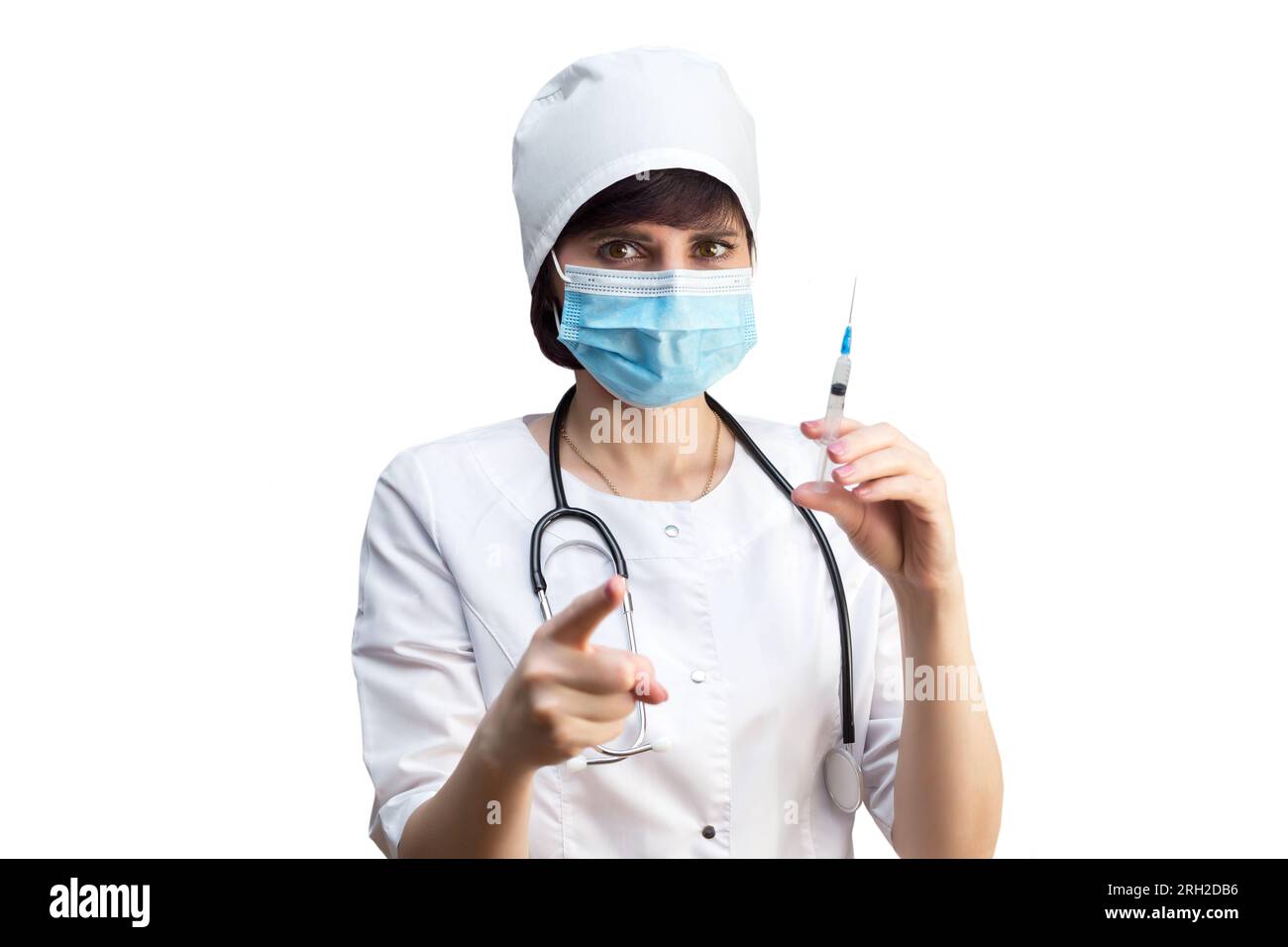 Doctor with a syringe with an injection points his finger camera ...