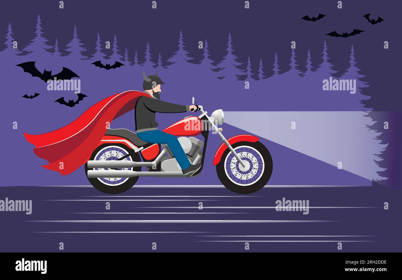 A biker on a motorcycle in a Dracula costume rushes against the ...