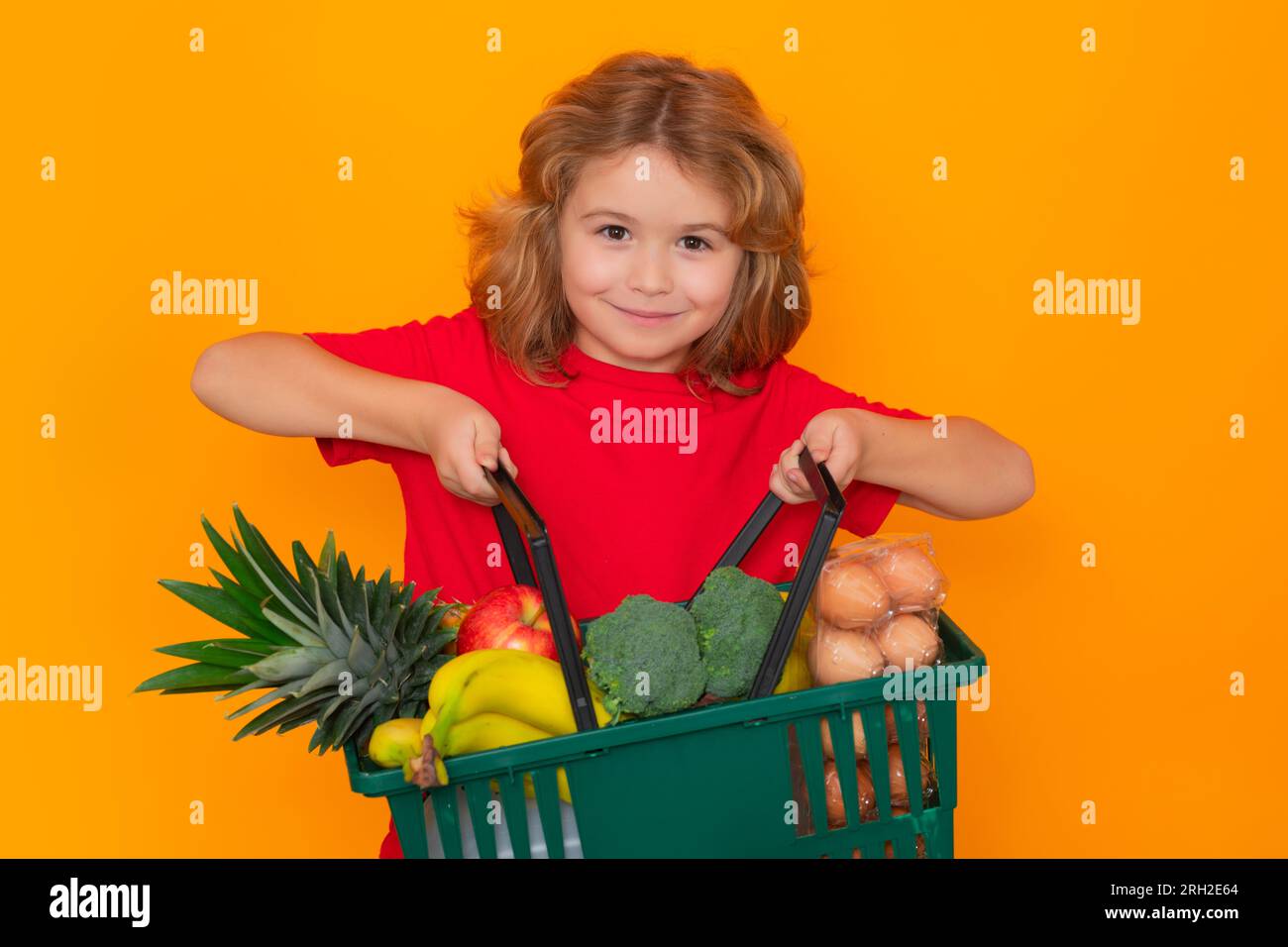 Sale and discount. Shopping kids. Child buying grocery in supermarket ...