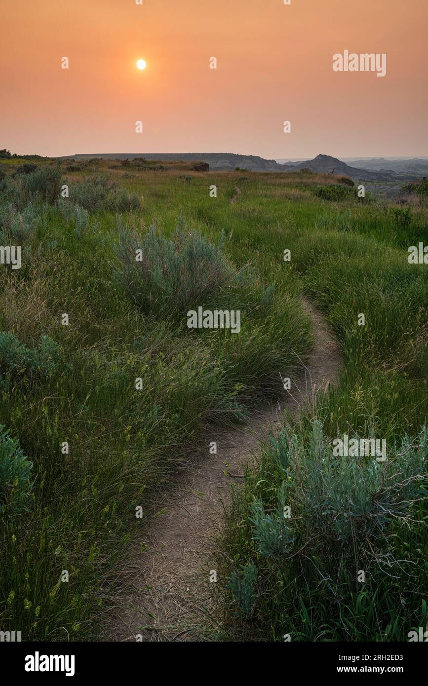 Hazy summer sunset muted by wildfire smoke over Theodore Roosevelt ...