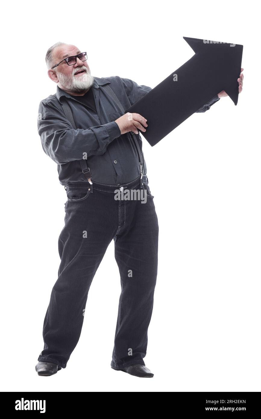 full- length . confident older man pointing the direction . isolated on ...