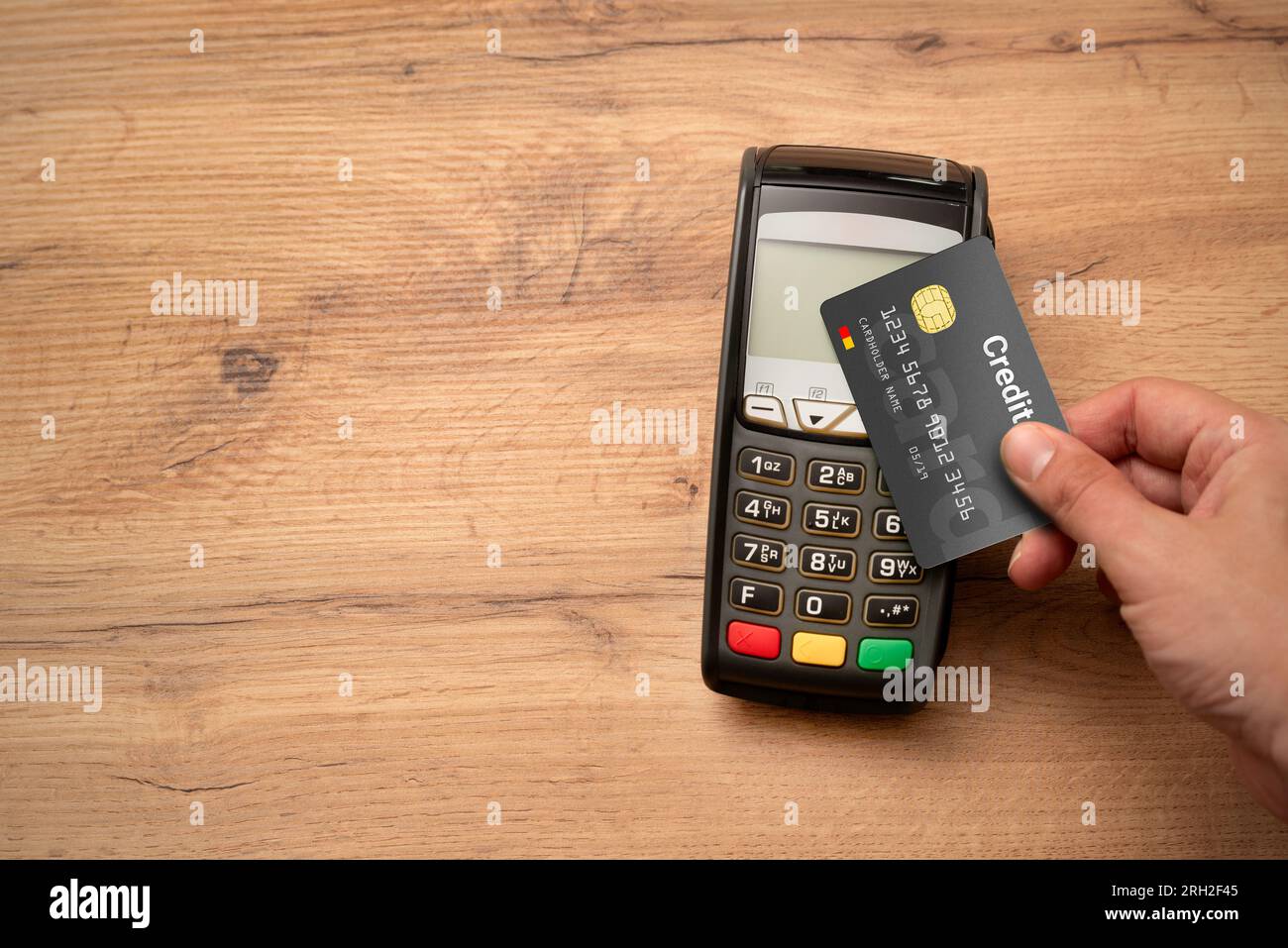 Pos terminal with credit card. Card payment method, top view Stock ...