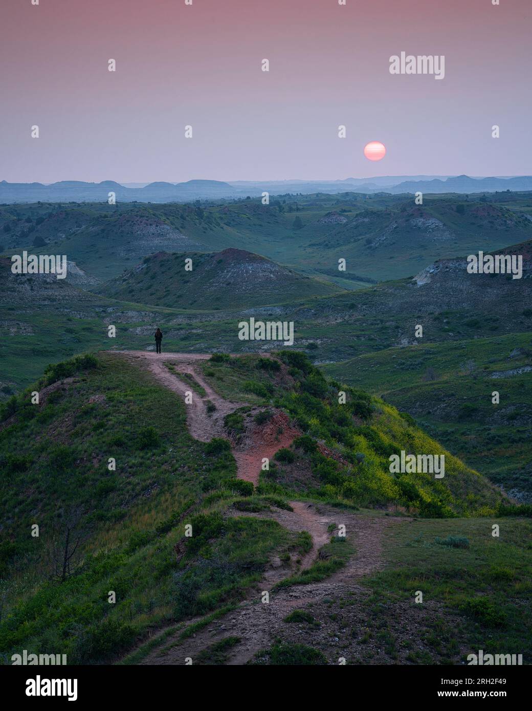 Woman watches sunrise through haze over the badlands of Theodore ...