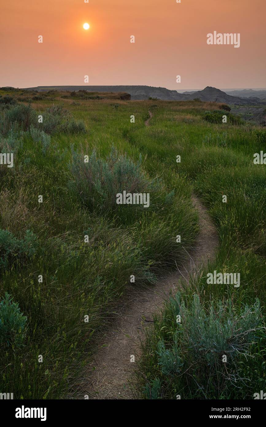 Hazy summer sunset muted by wildfire smoke over Theodore Roosevelt ...