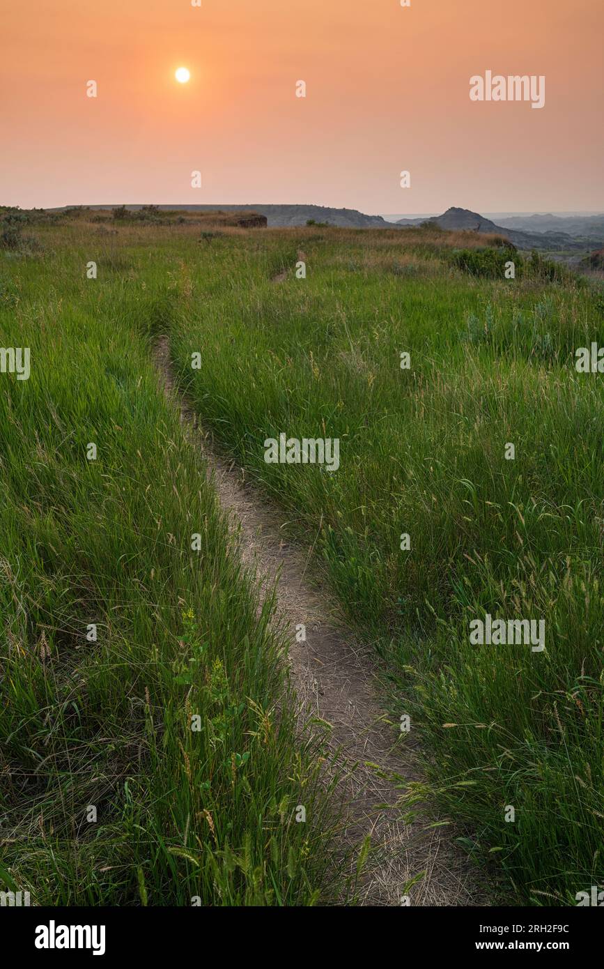 Hazy summer sunset muted by wildfire smoke over Theodore Roosevelt ...