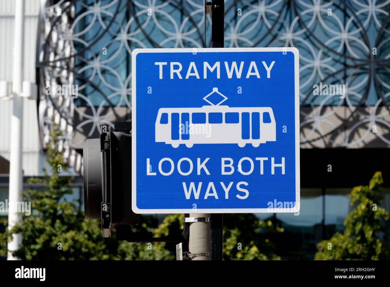Tramway Look both ways sign, Centenary Square, Birmingham, UK Stock ...