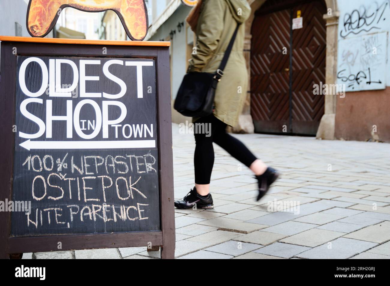 Bratislava, Slovakia. March 21, 2015. Advertisement for the oldest Shop ...