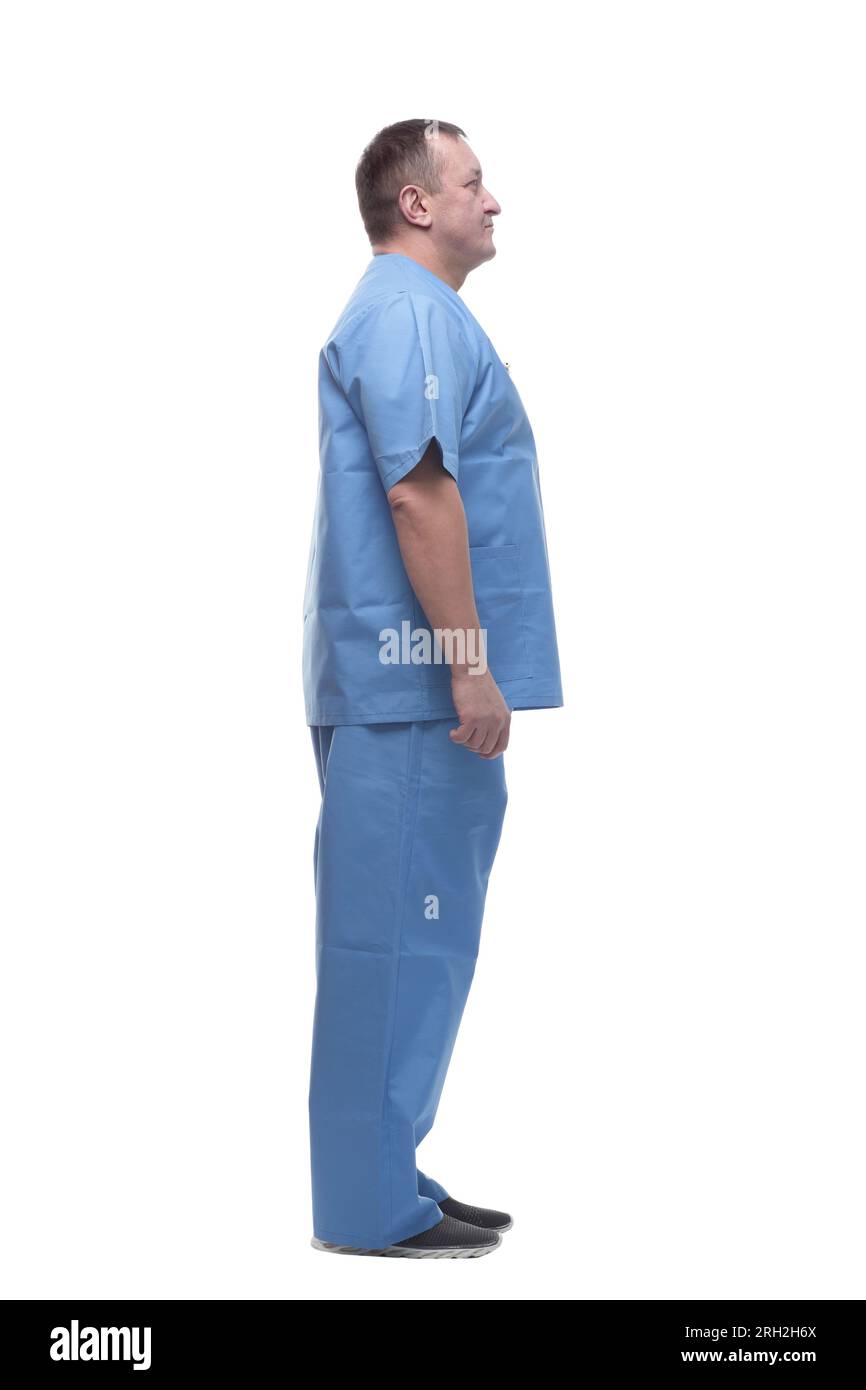 side view. competent mature paramedic looking at you. isolated on white ...