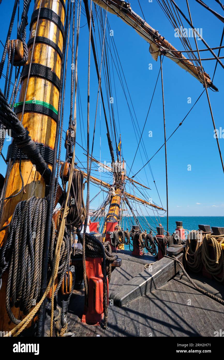 Deck with masts and ropes of wooden Age of sail sailing ship Stock ...