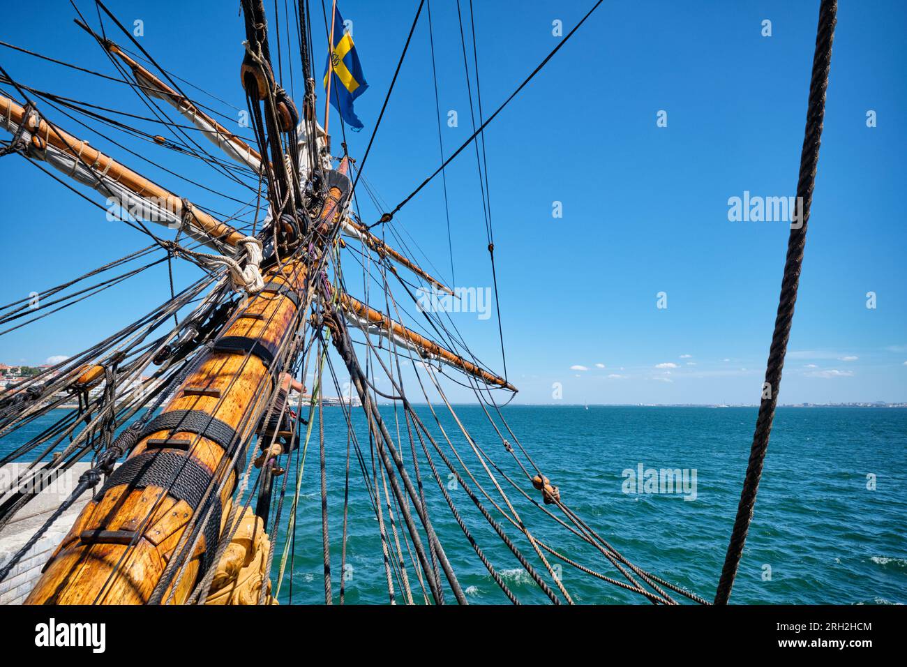 Bowspirit of old wooden sail ship with lots of rope gear Stock Photo ...