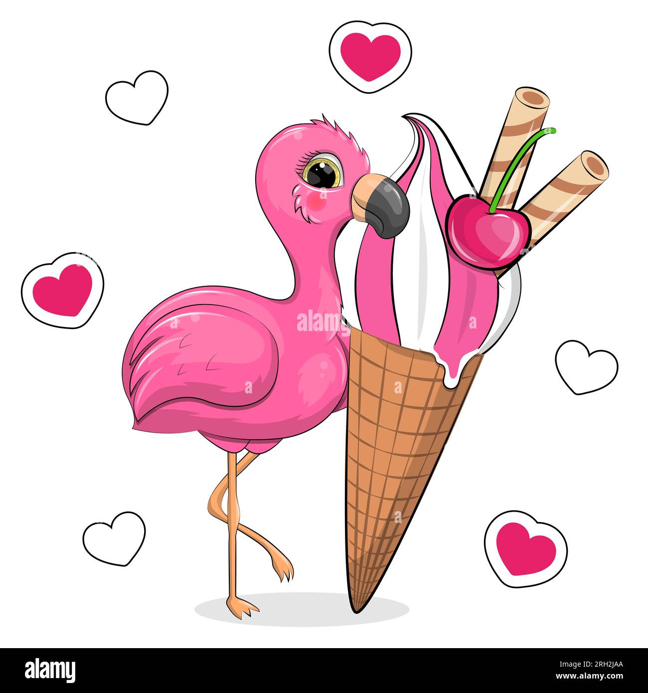 Cute cartoon pink flamingo with big ice cream. Summer animal vector ...