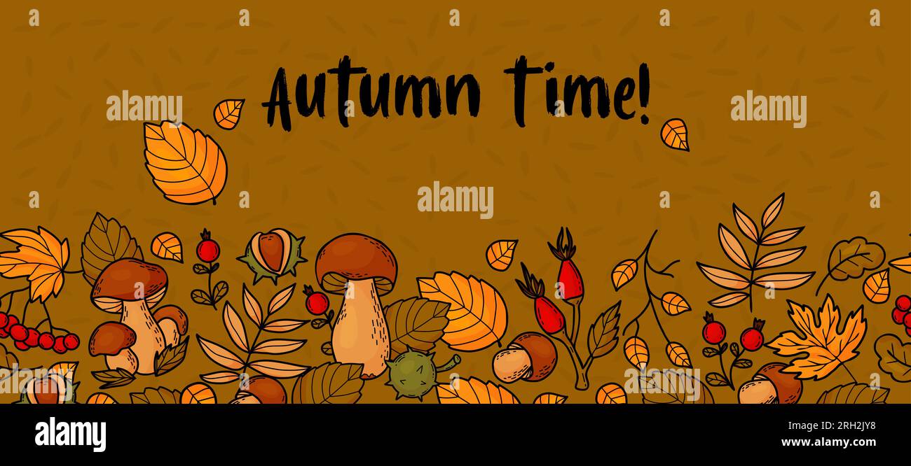 Autumn time. Seamless horizontal border banner. Wild berries, forest ...